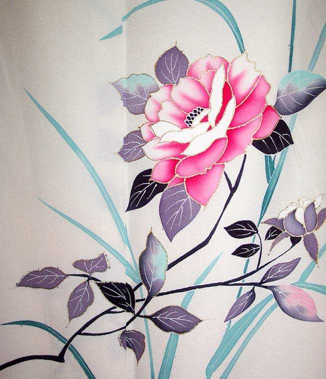 TSUKESAGE- HOMONGI WITH YUZEN ROSES AND GRASSES WITH FUKURO OBI